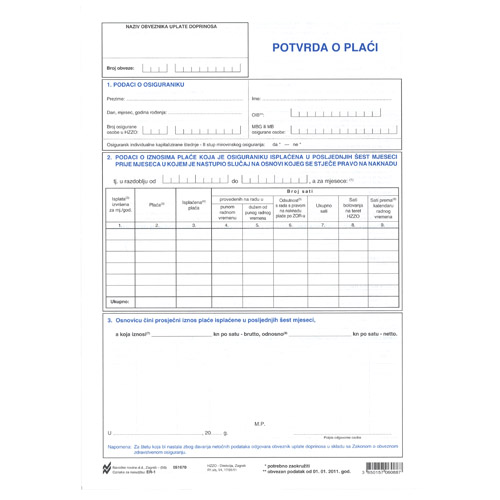 ER-1 POTVRDA O PLAĆI; Komplet 2 lista, 21 x 29,7 cm - Knjižara Tim Papir